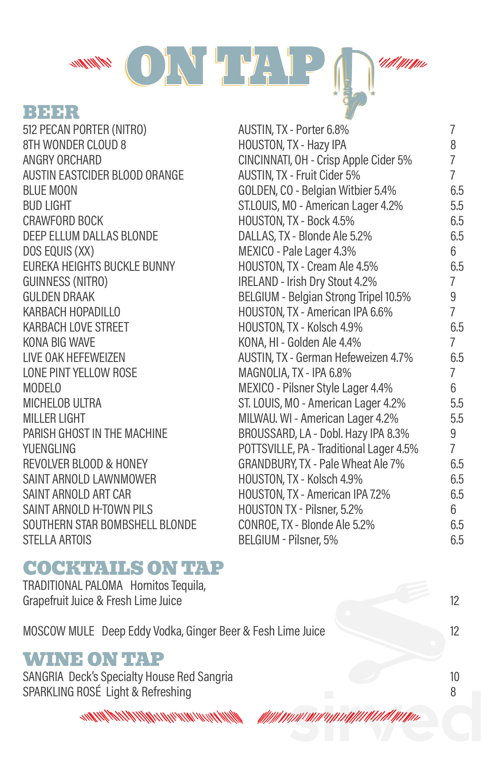Moonshine Deck menu in Houston, Texas, USA