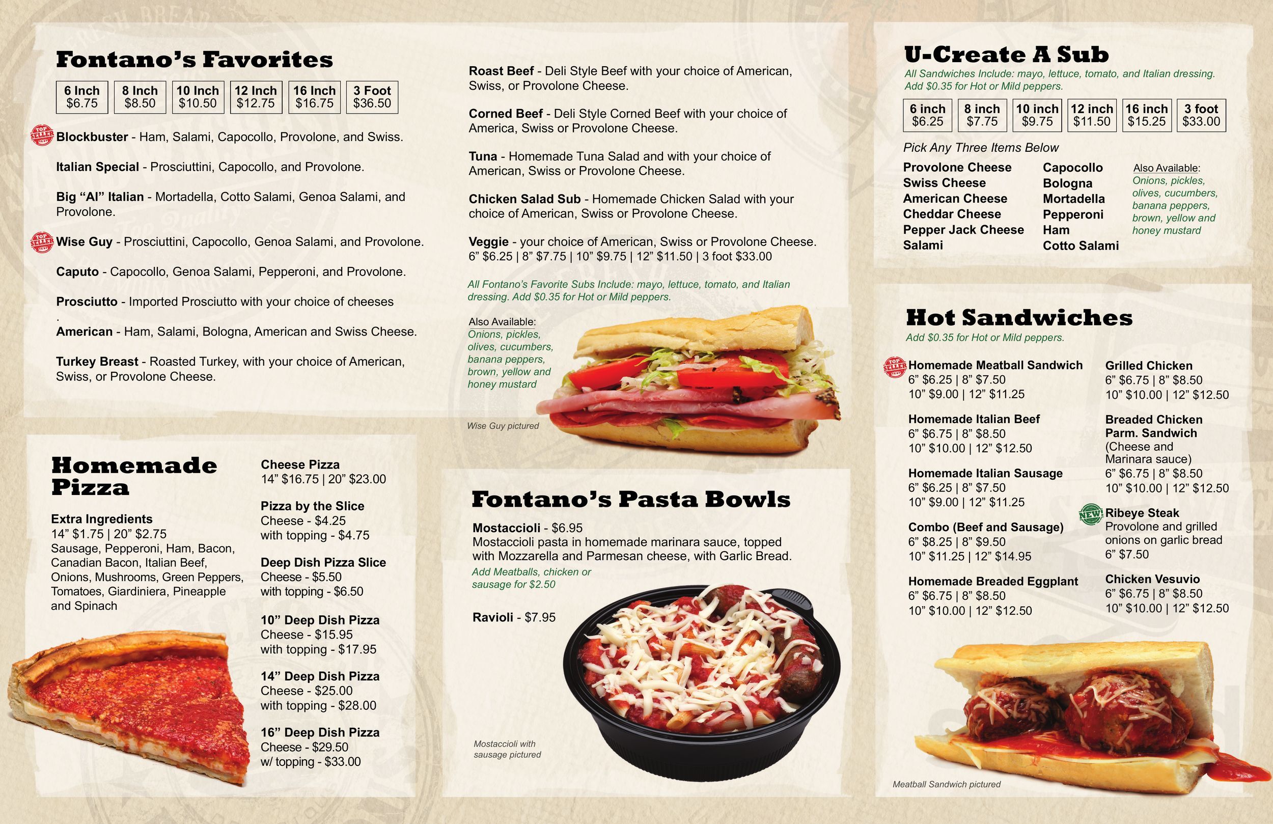 Fontano's Subs menu in Chicago, Illinois, USA
