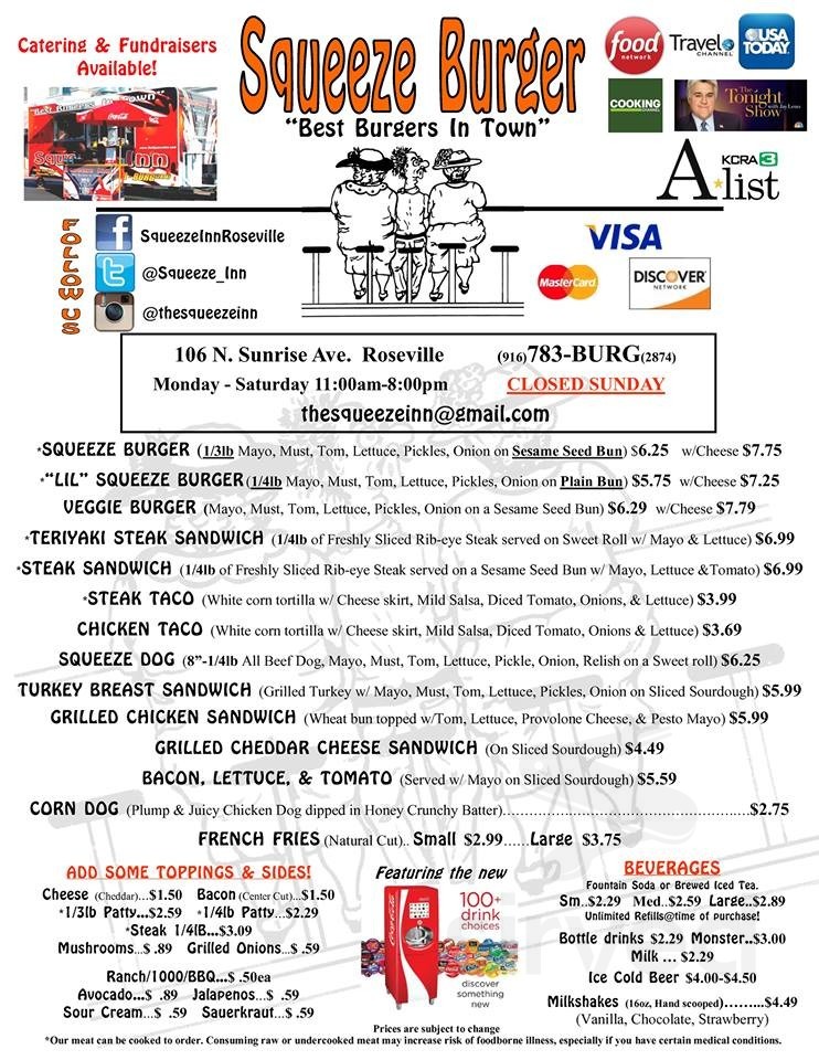 Squeeze Burger menu in Roseville, California, USA