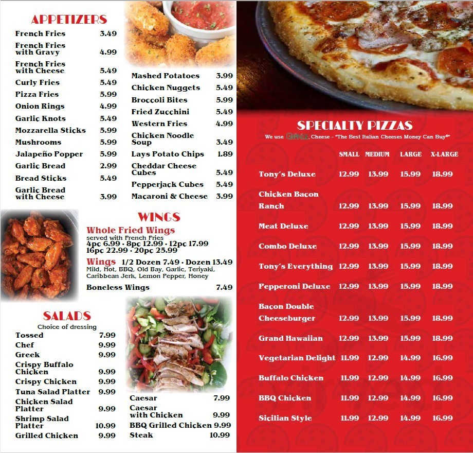 Tony's Pizza menu in Dundalk, Maryland, USA