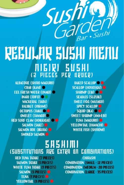 Sushi Garden menu in Tucson, Arizona, USA