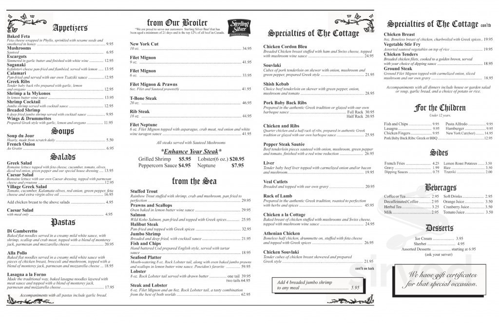 The Cottage Restaurant menus in Regina, Saskatchewan, Canada