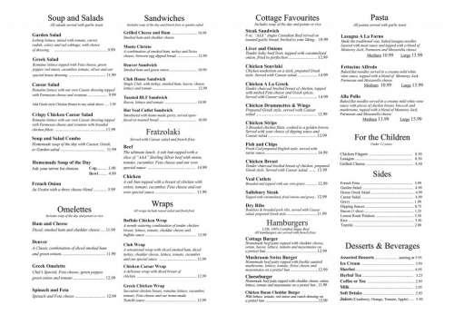 The Cottage Restaurant menu in Regina, Saskatchewan, Canada