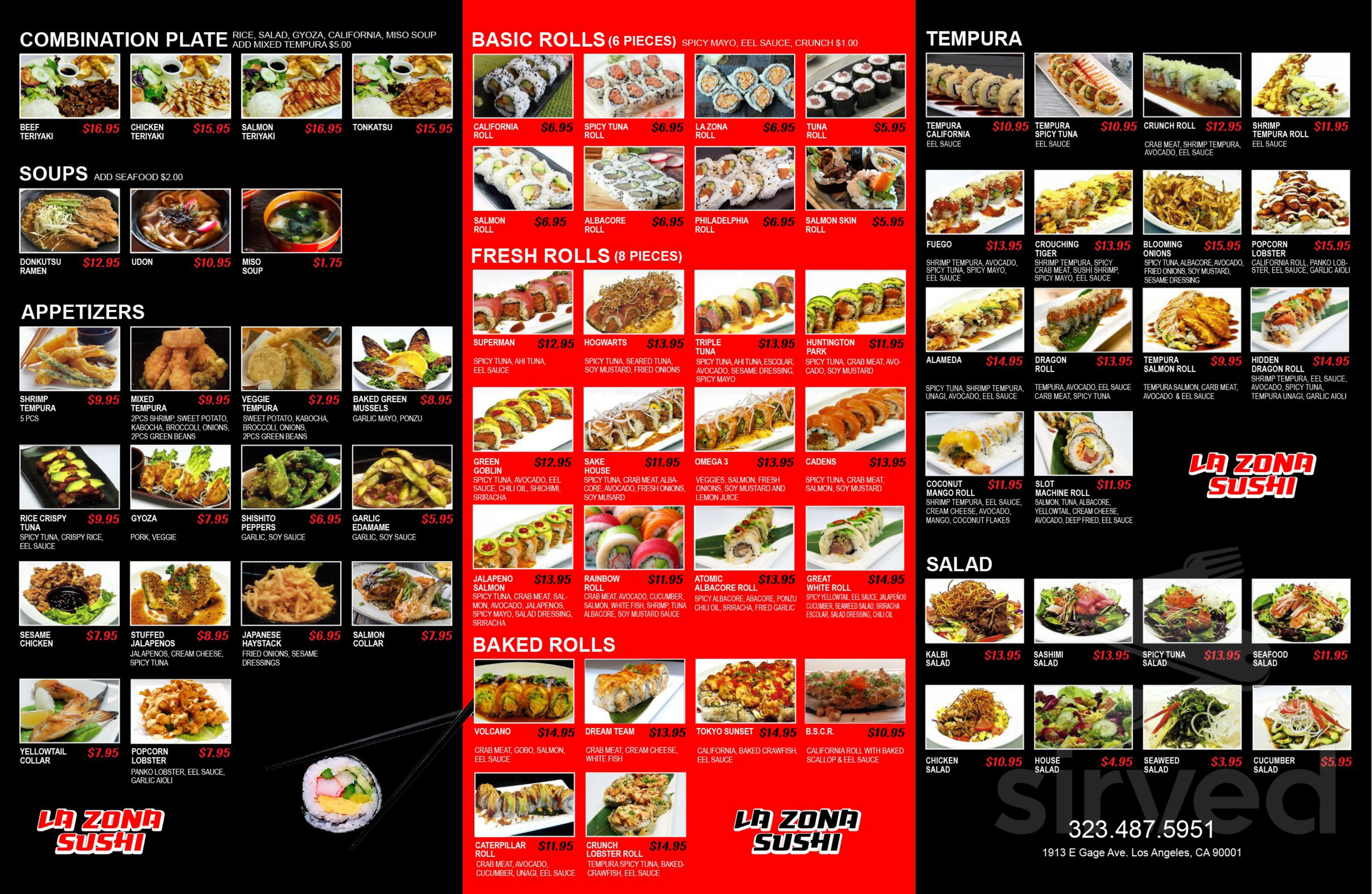 La Zona Sushi menu in Los Angeles, California, USA