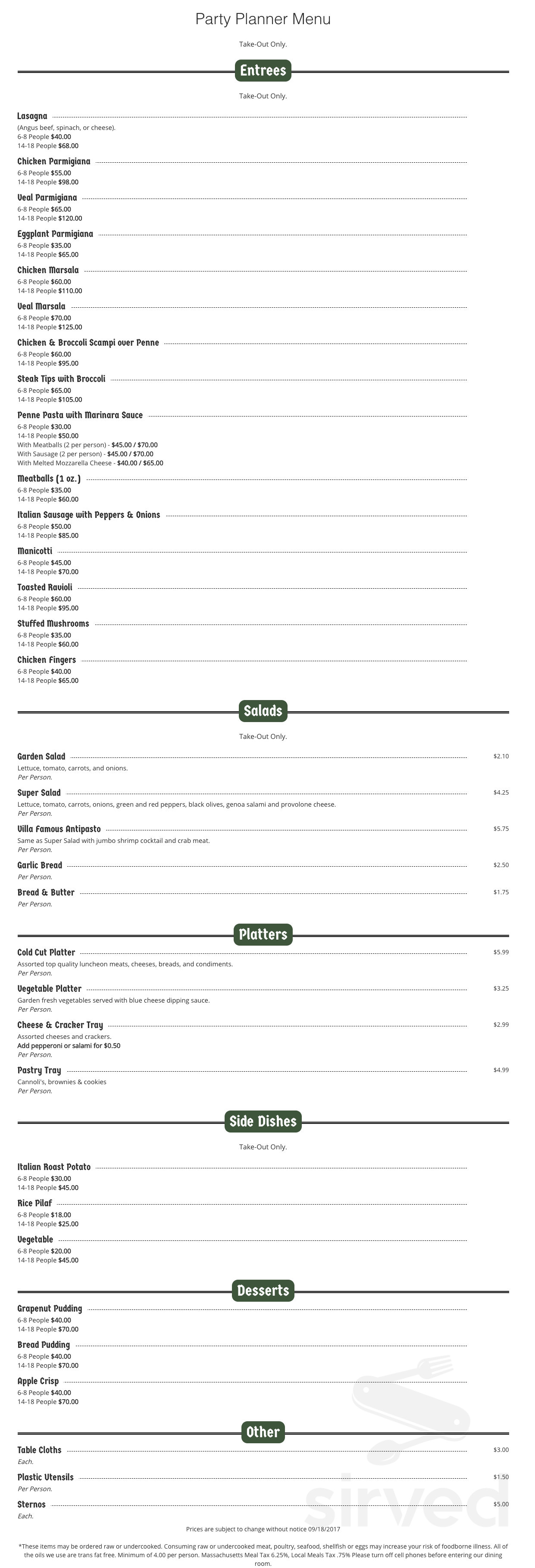 Menu for The Villa Restaurant in Wayland, MA | Sirved