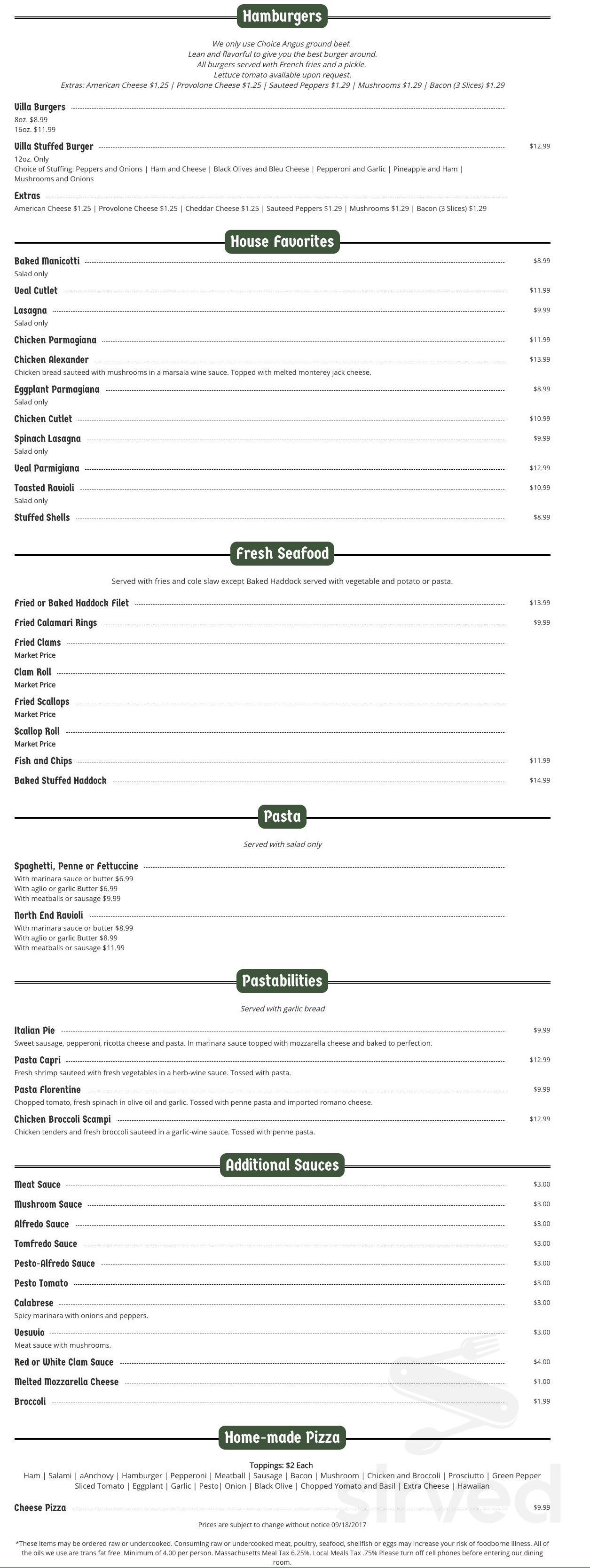 The Villa Restaurant menus in Wayland, Massachusetts, United States