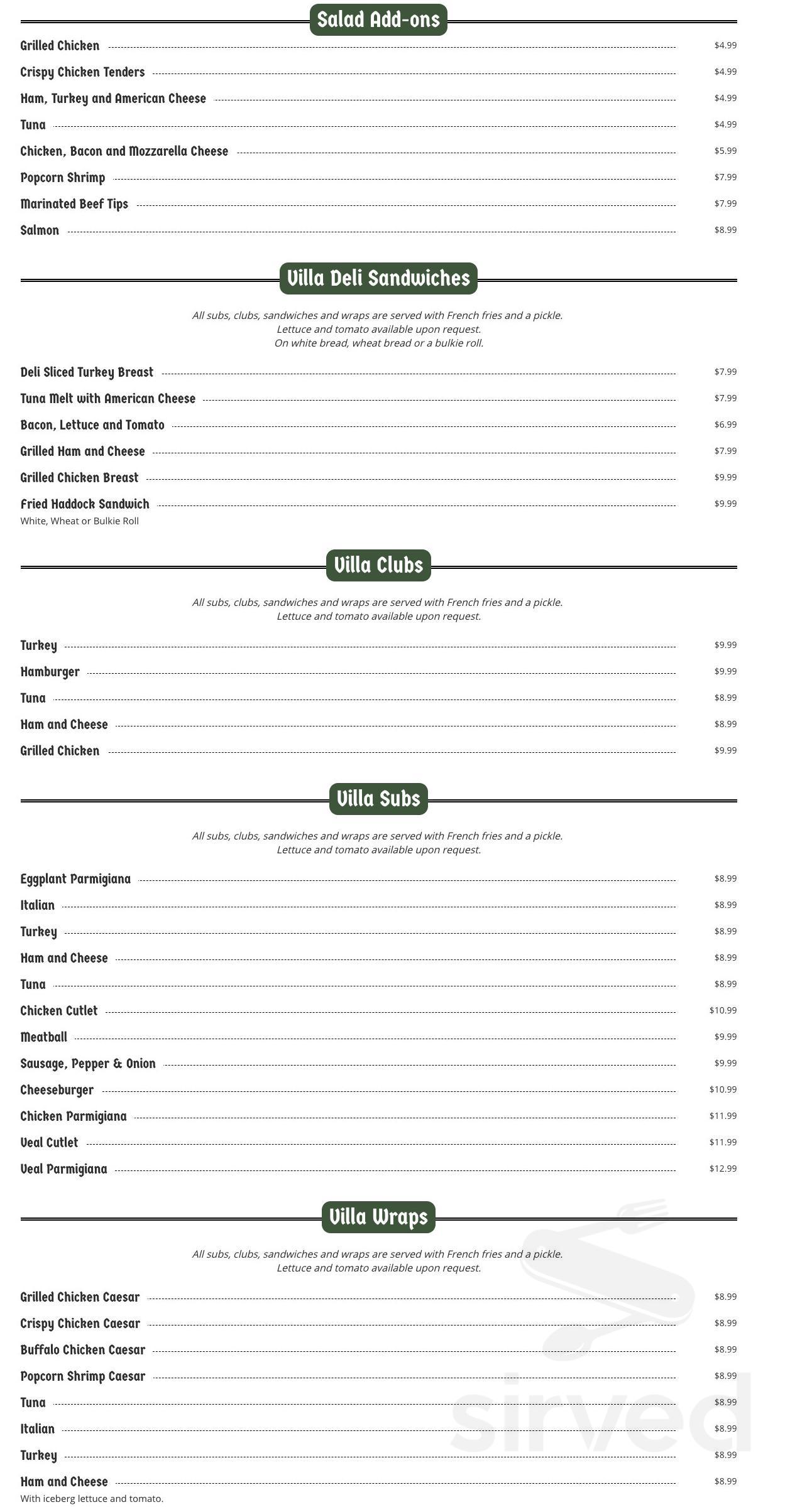 The Villa Restaurant menu in Wayland, Massachusetts, USA