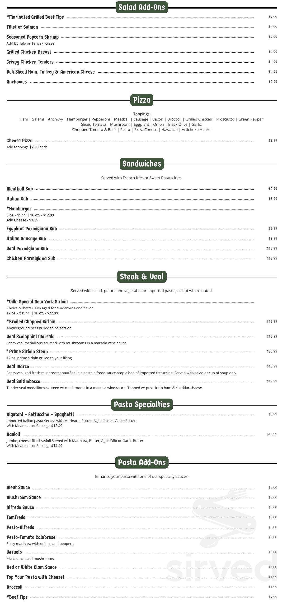 The Villa Restaurant menu in Wayland, Massachusetts, USA