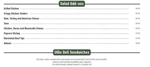 Menu for The Villa Restaurant in Wayland, MA | Sirved