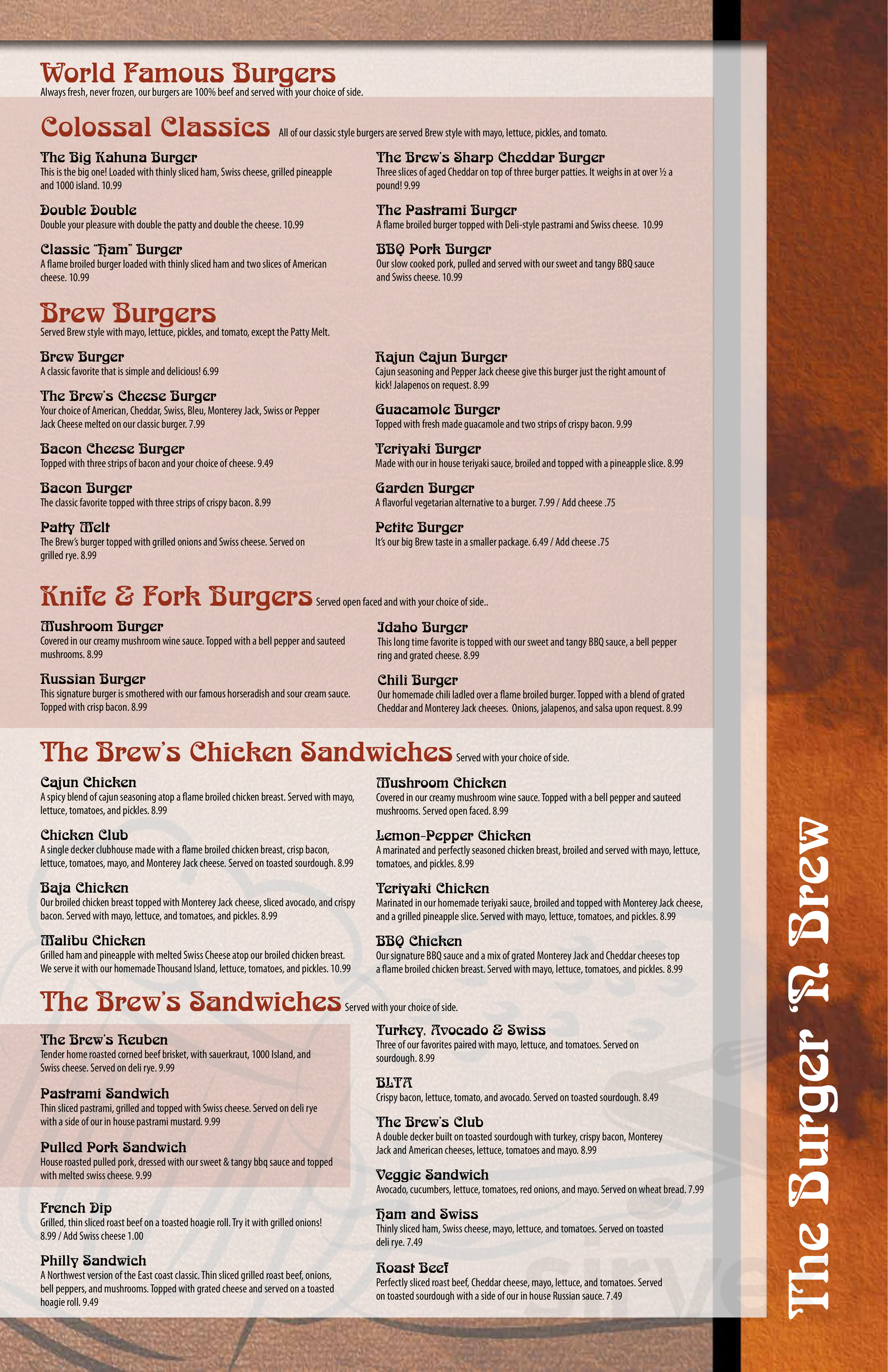 Menu for Burger N Brew in Boise, Idaho, United States