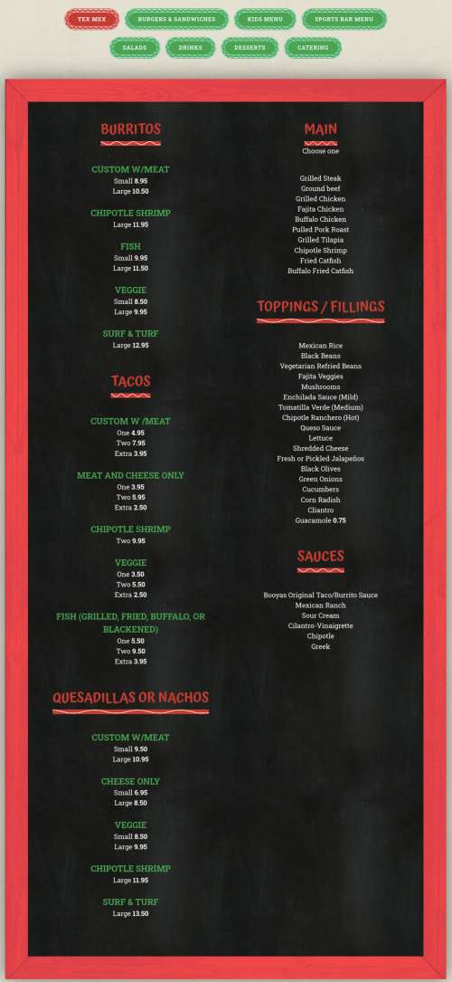 Booya's menu in Collierville, Tennessee, USA