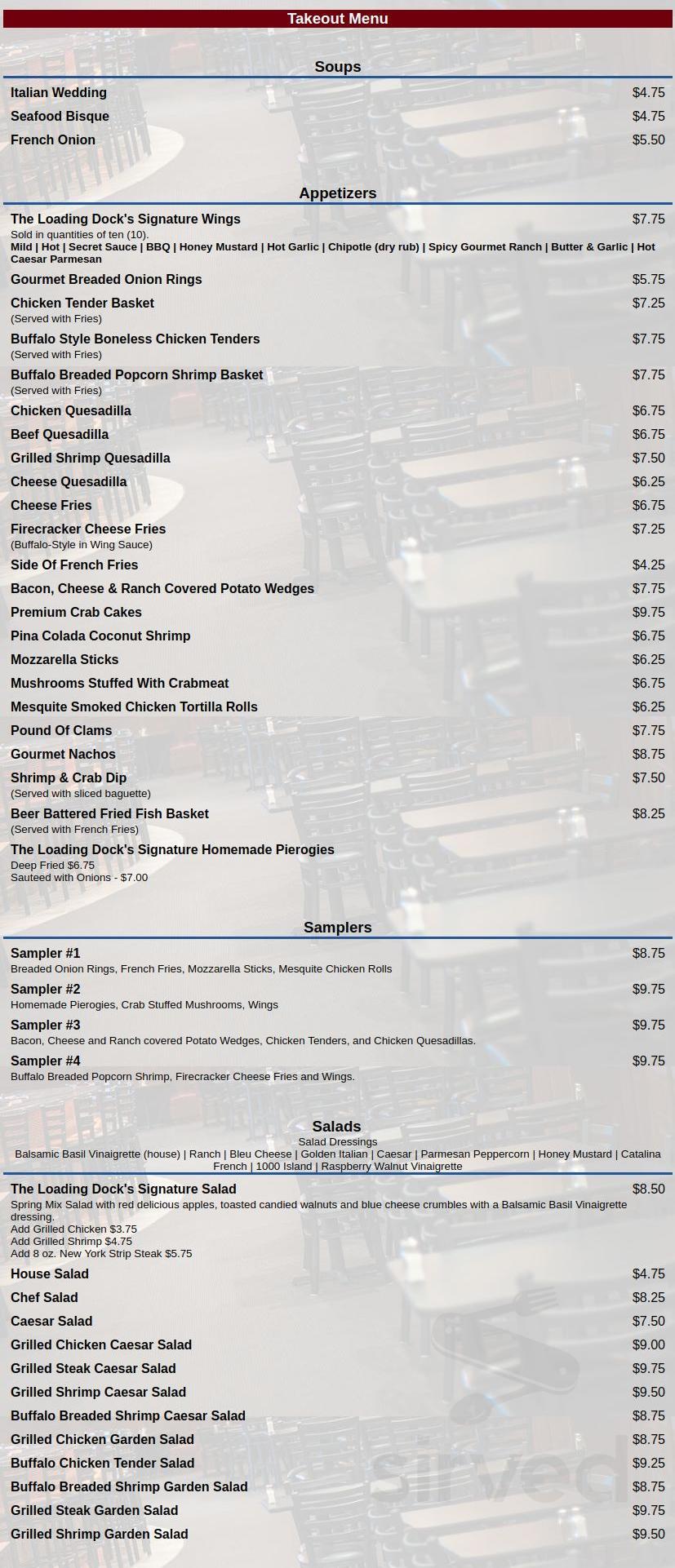 Menu for The Loading Dock Bar & Grill in Dunmore, PA | Sirved