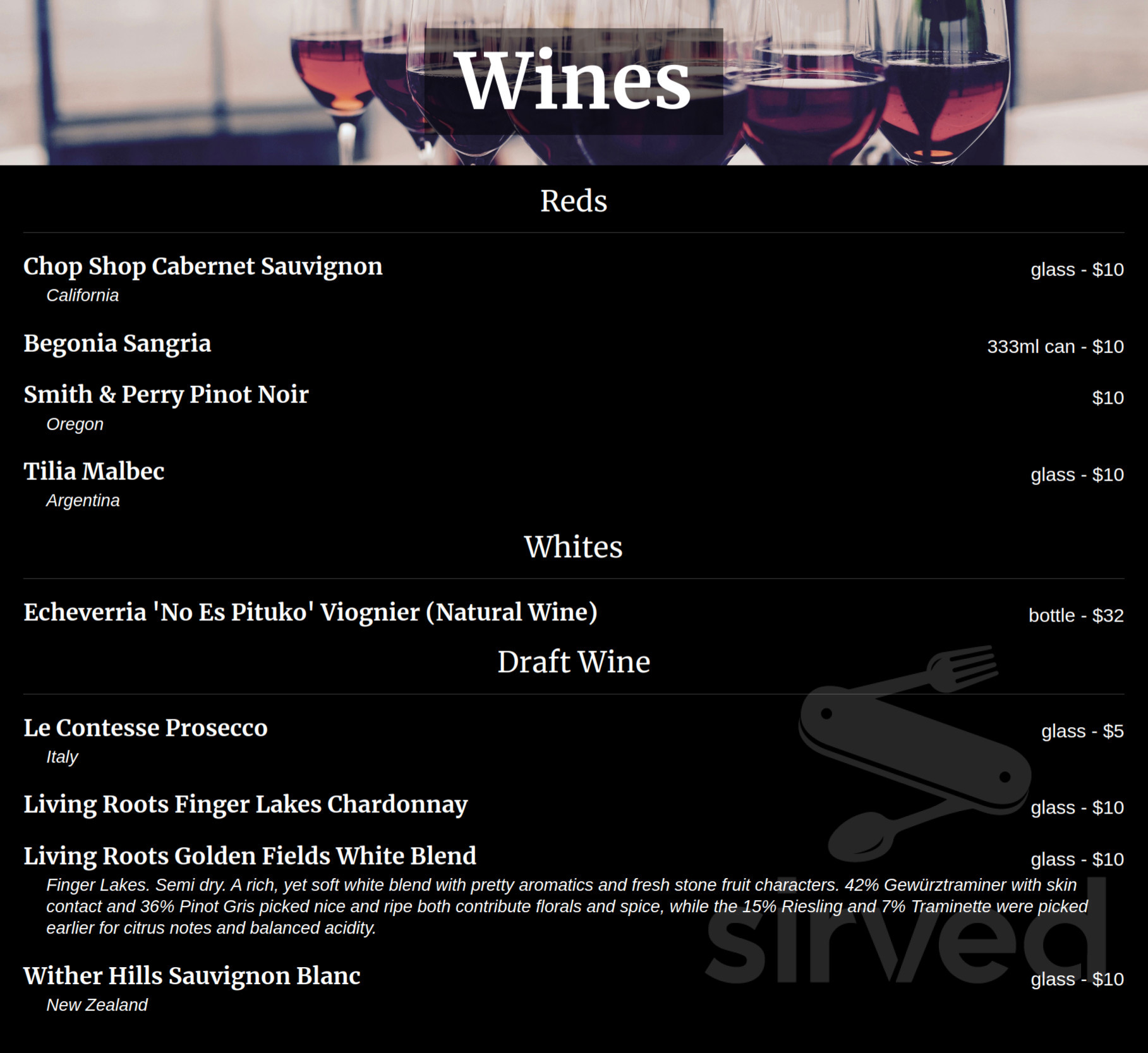 The Sheffield menu in Rochester, New York, USA