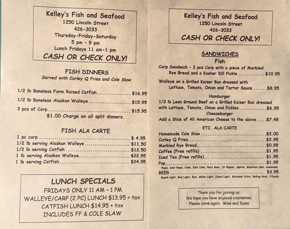 Menu for Kelley's Fish & Seafood in Blair, NE | Sirved
