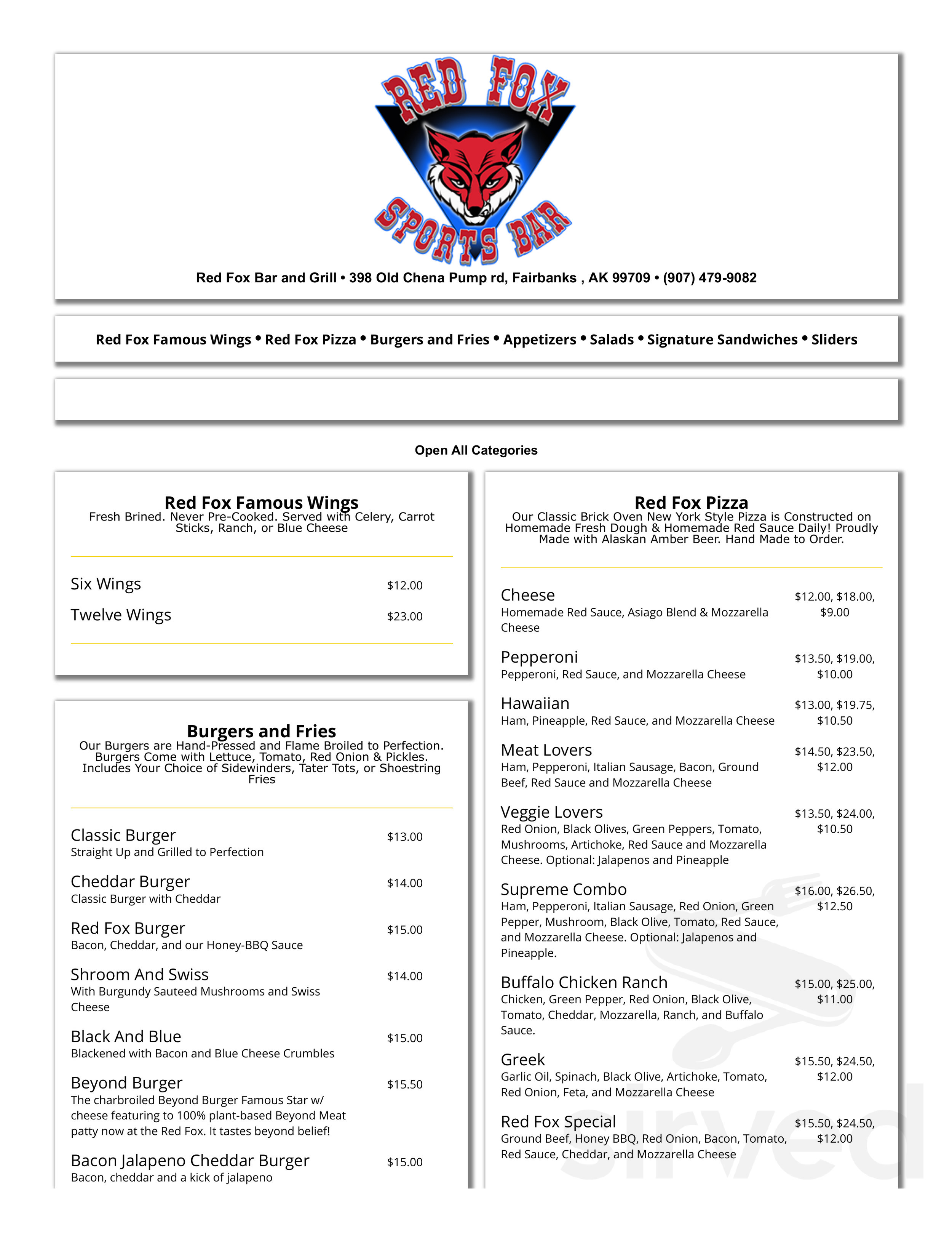 Menu - Fairbanks AK's Red Fox Bar & Grill | Sirved