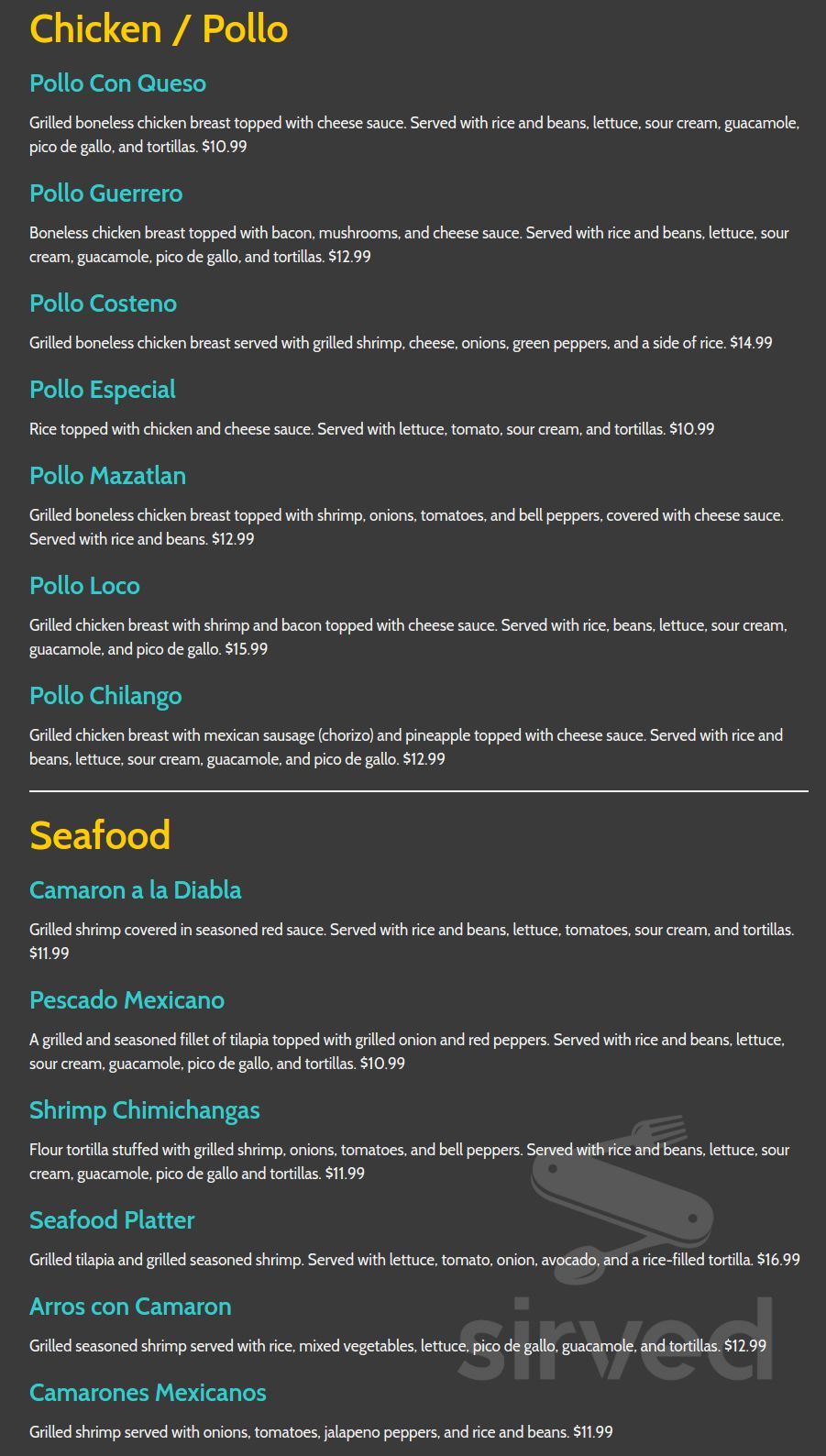 Menu - Spencer IN's El Ranchero | Sirved