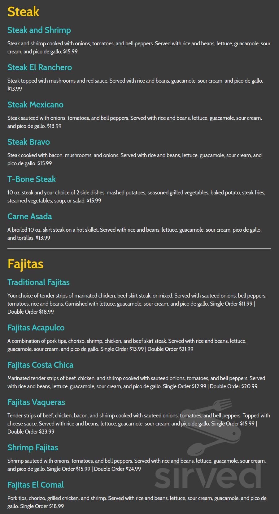 Menu - Spencer IN's El Ranchero | Sirved