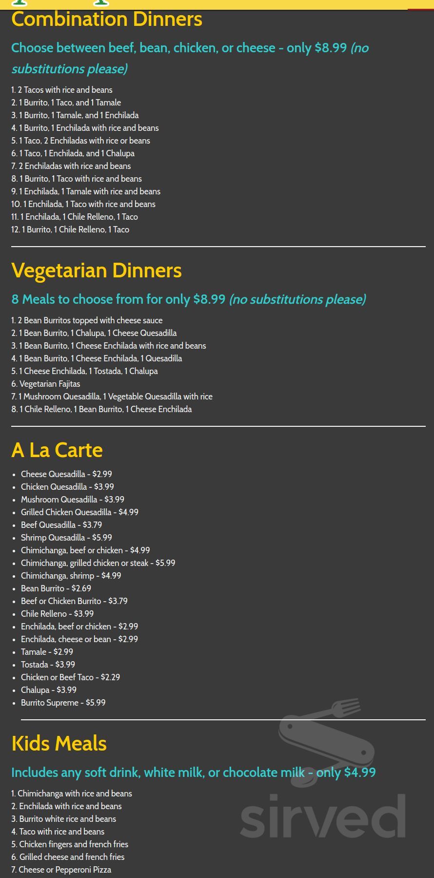 Menu - Spencer IN's El Ranchero | Sirved