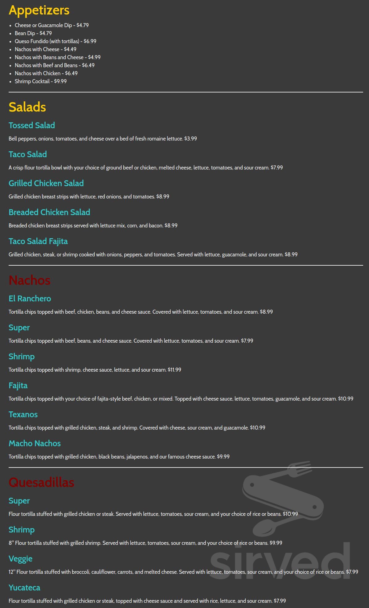 Menu - Spencer IN's El Ranchero | Sirved