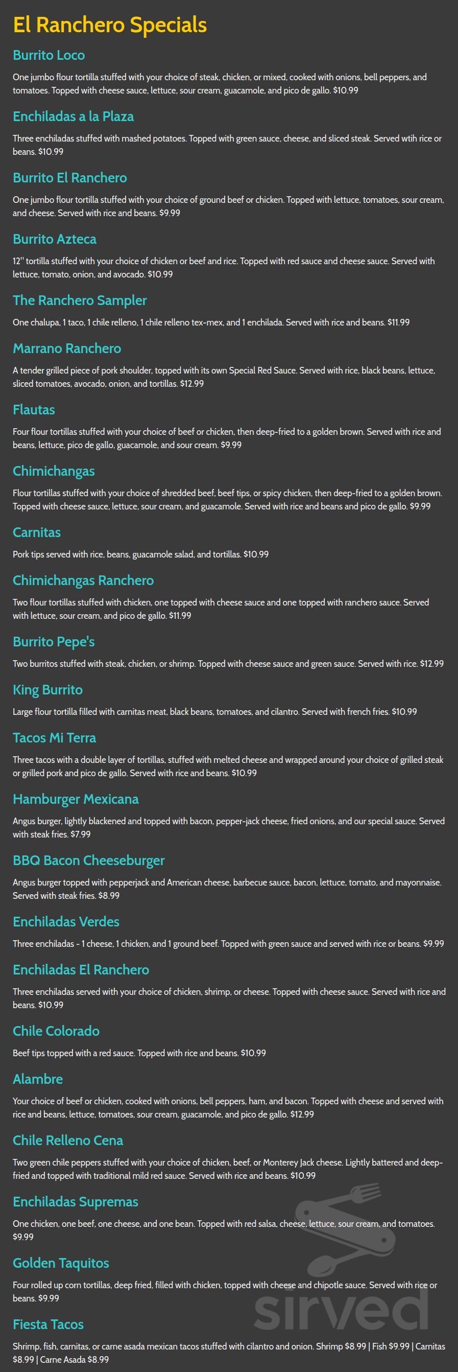 Menu - Spencer IN's El Ranchero | Sirved