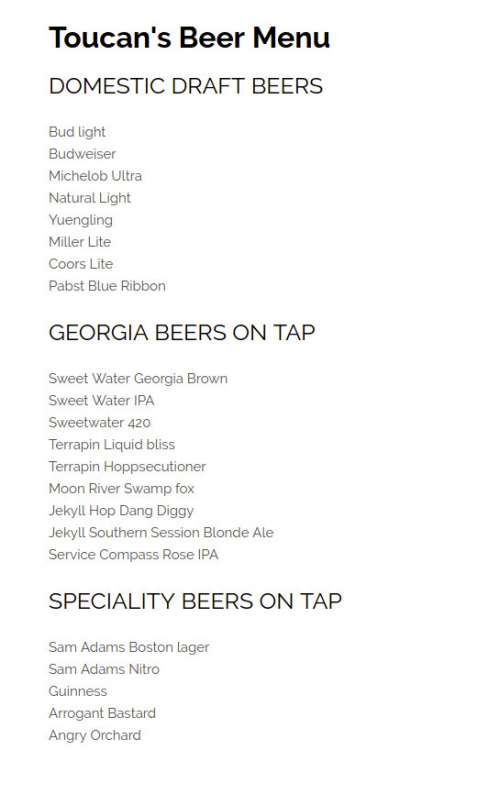 Toucan's Ale House menu in Brunswick, Georgia, USA