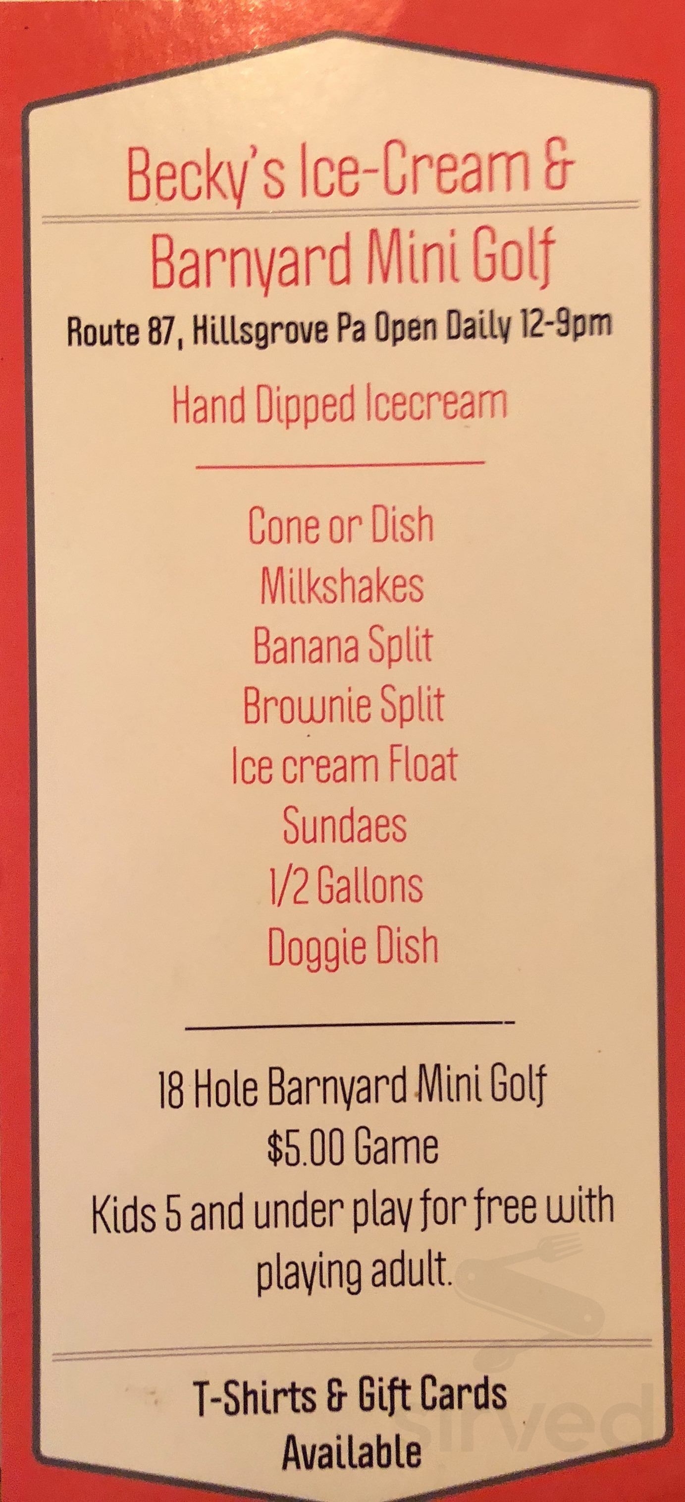 Becky's (Sunset) Ice Cream menu in Hillsgrove, Pennsylvania, USA