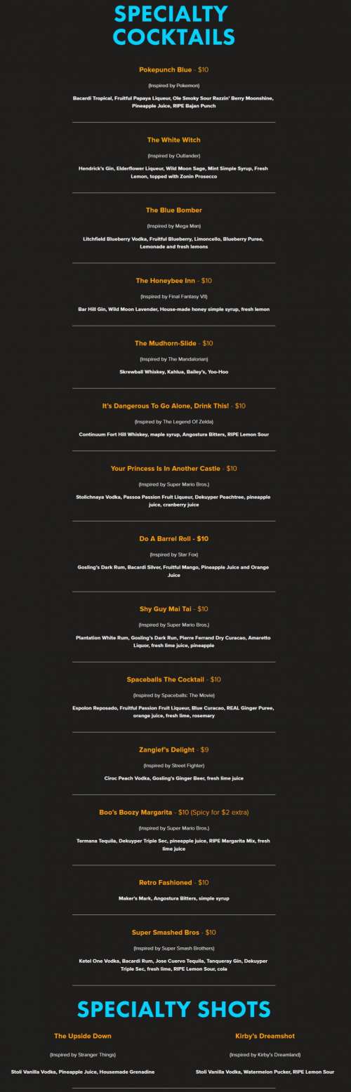 GameCraft Arcade menu in Southington, Connecticut, USA