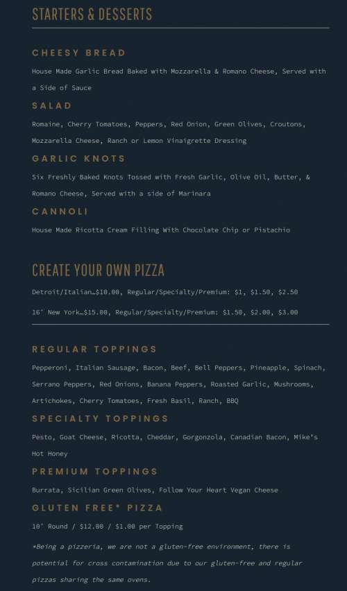 Providence Pizzeria Co menu in Oklahoma City, Oklahoma, USA