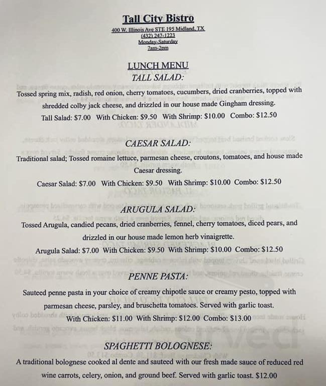 Tall City Bistro menus in Midland, Texas, United States