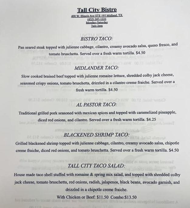 Tall City Bistro menus in Midland, Texas, United States