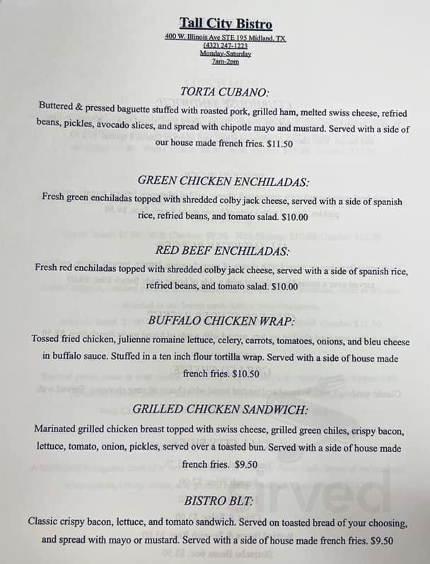 Tall City Bistro menus in Midland, Texas, United States