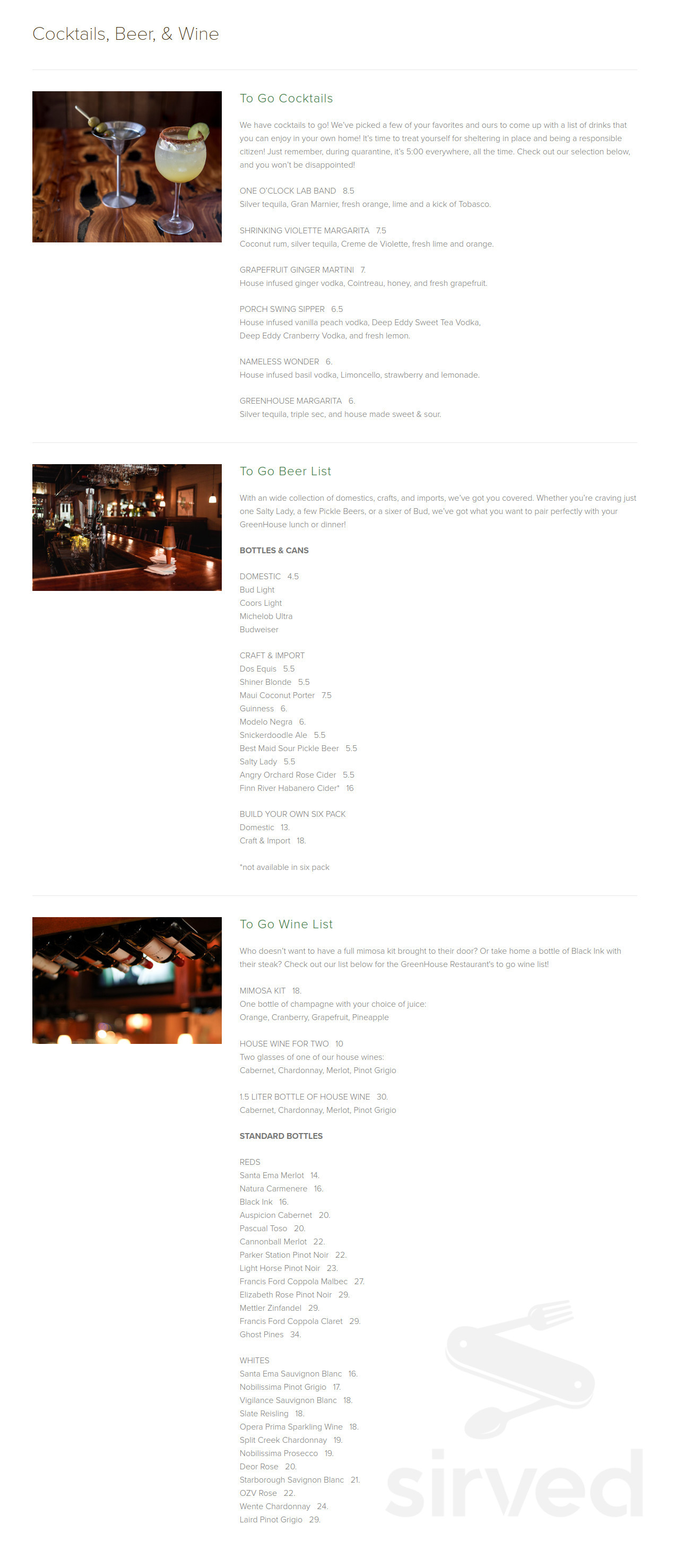 GreenHouse Restaurant menu in Denton, Texas, USA