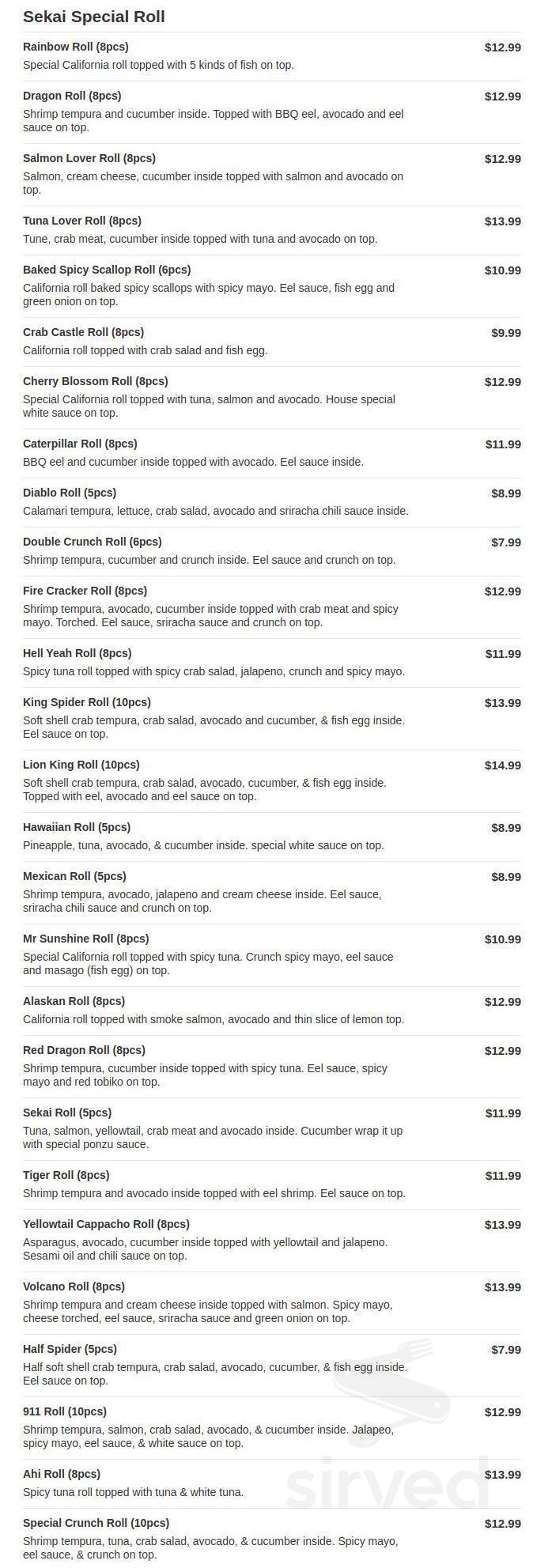 Sushi Sekai Japanese & Korean Cuisine menu in Plymouth, Michigan, USA