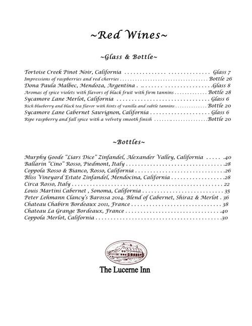 The Lucerne Inn menu in Dedham, Maine, USA
