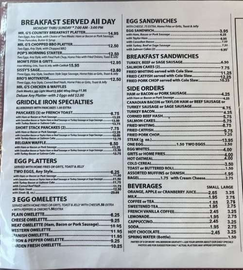 The Original Mr. G's menu in Paterson, New Jersey, USA