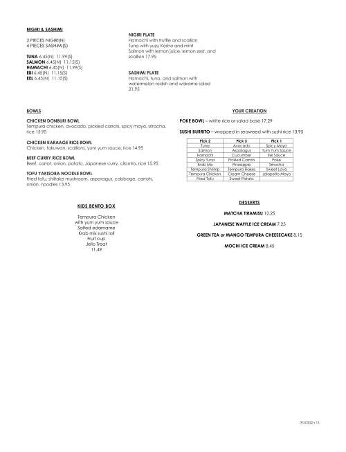 KELP SUSHI JOINT menu in Tampa, Florida, USA