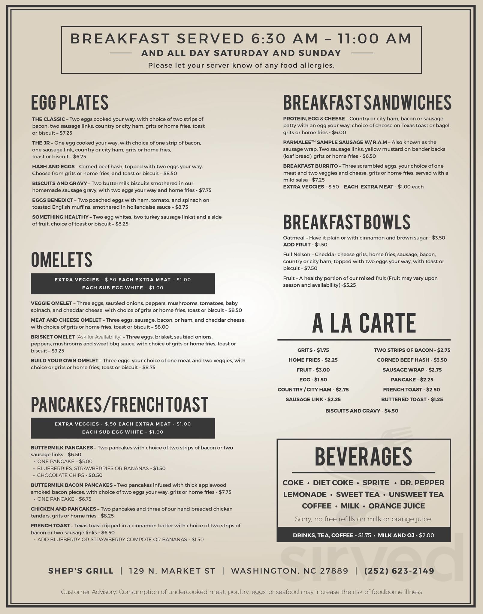 Menu for Shep's Grill in Washington, NC | Sirved