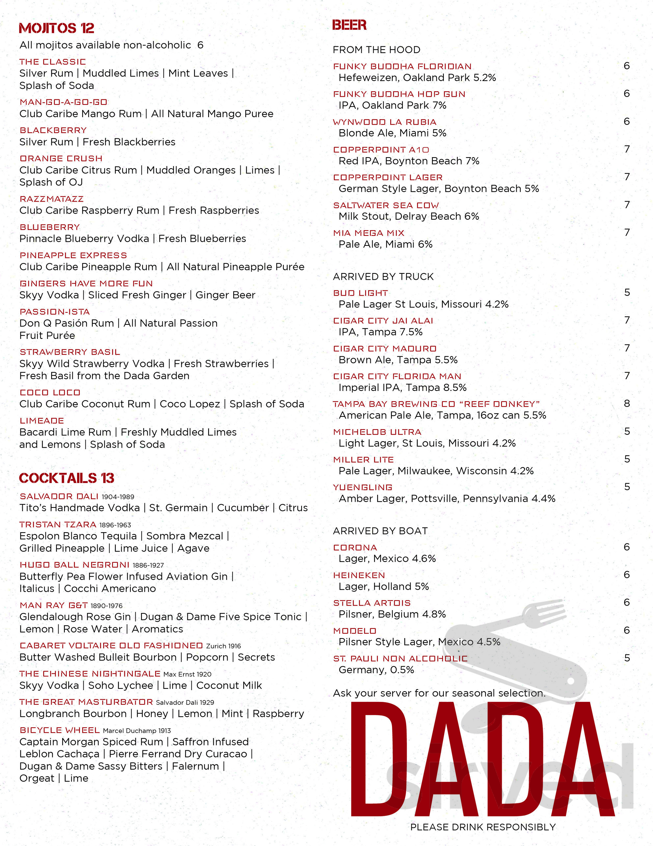 Menu for Dada in Delray Beach, FL | Sirved