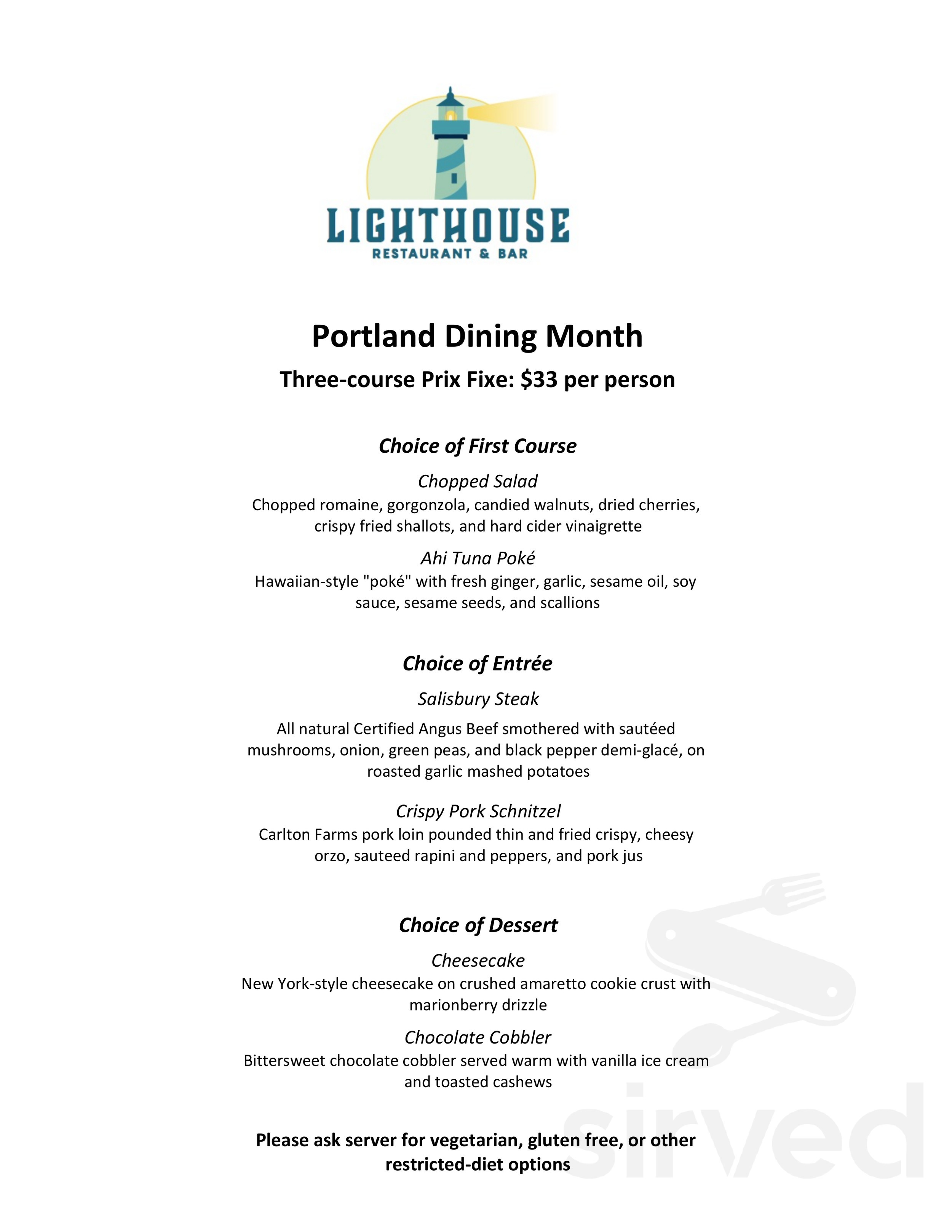 Menu - Portland OR's Lighthouse Restaurant & Bar | Sirved