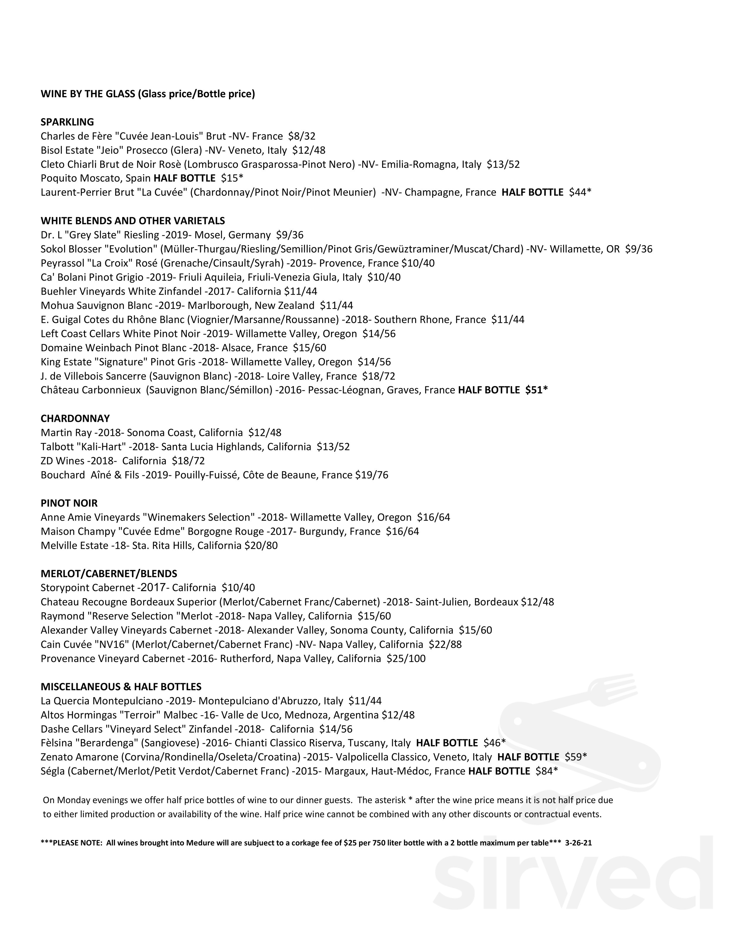 Restaurant Medure menu in Ponte Vedra Beach, Florida, USA