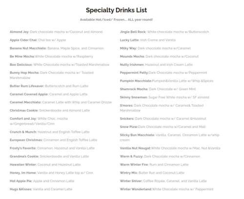 Joe Bean's Express Espresso menu in Lynchburg, Virginia, USA