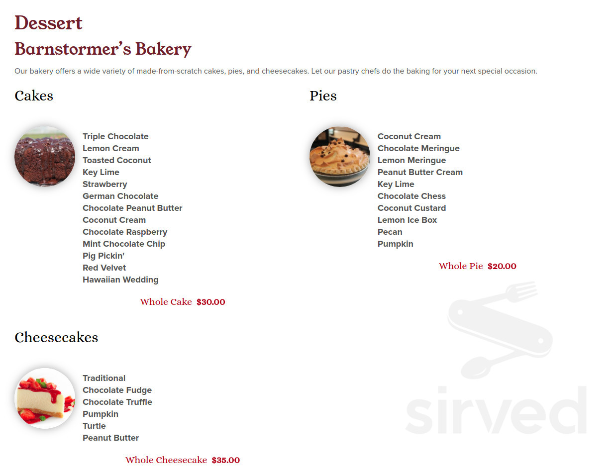 Menu for Barnstormer's Grill and Event Center in Williamson, GA | Sirved