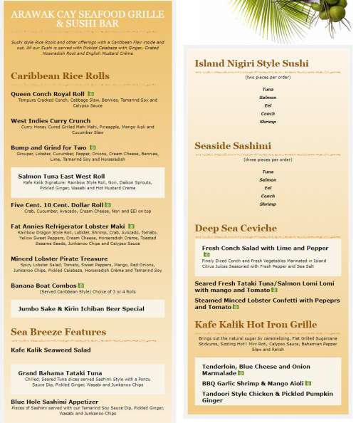 Kafe Kalik menu in Fort Lauderdale, Florida, USA