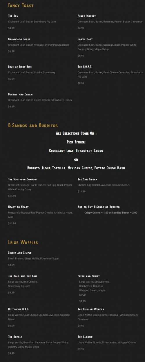 Local Krave menu in San Diego, California, USA