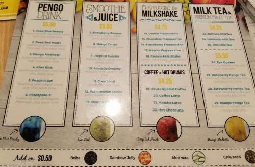 Pengo Drink Station menu in Mission Viejo, California, USA