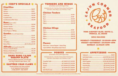 Cajun Corner menu in Mobile, Alabama, USA