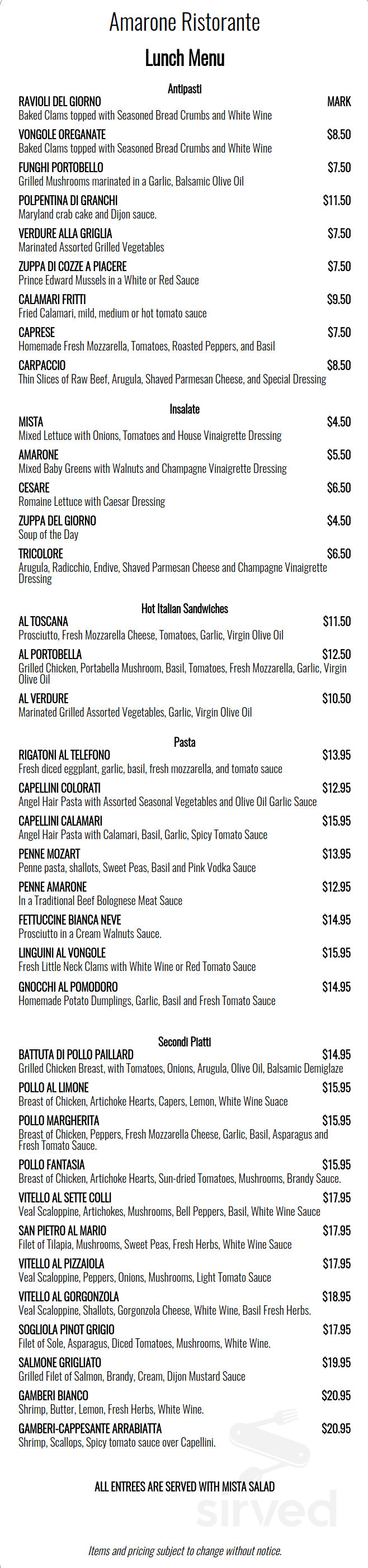 Amarone menu in Teaneck, New Jersey, USA