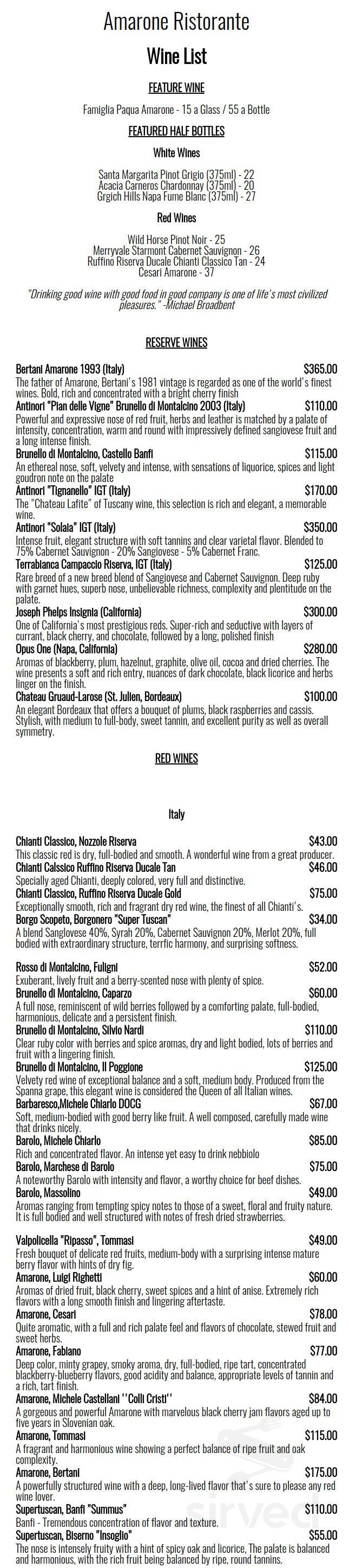 Amarone menu in Teaneck, New Jersey, USA