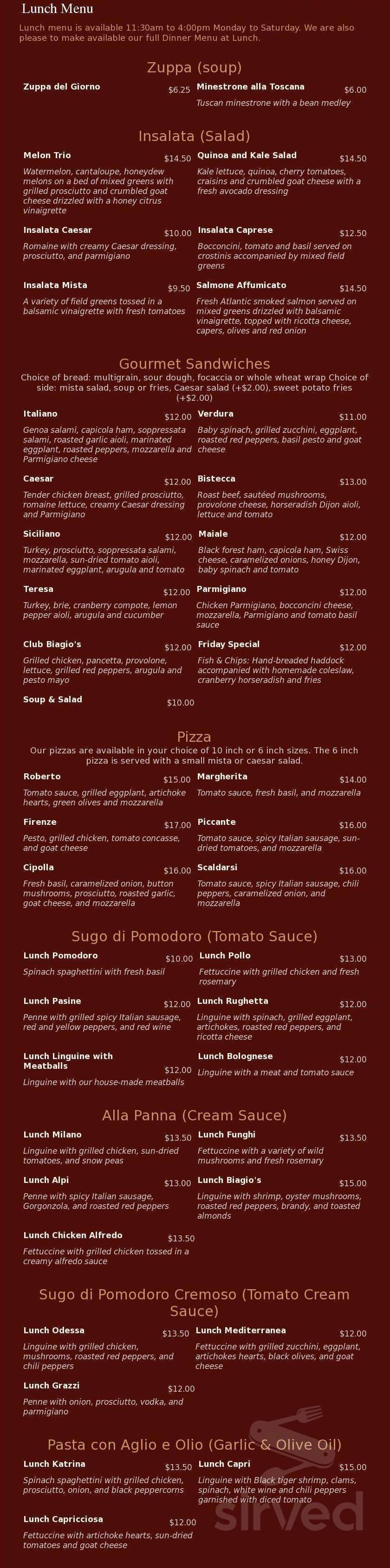 Biagio's Italian Kitchen menu in Ottawa, Ontario, Canada