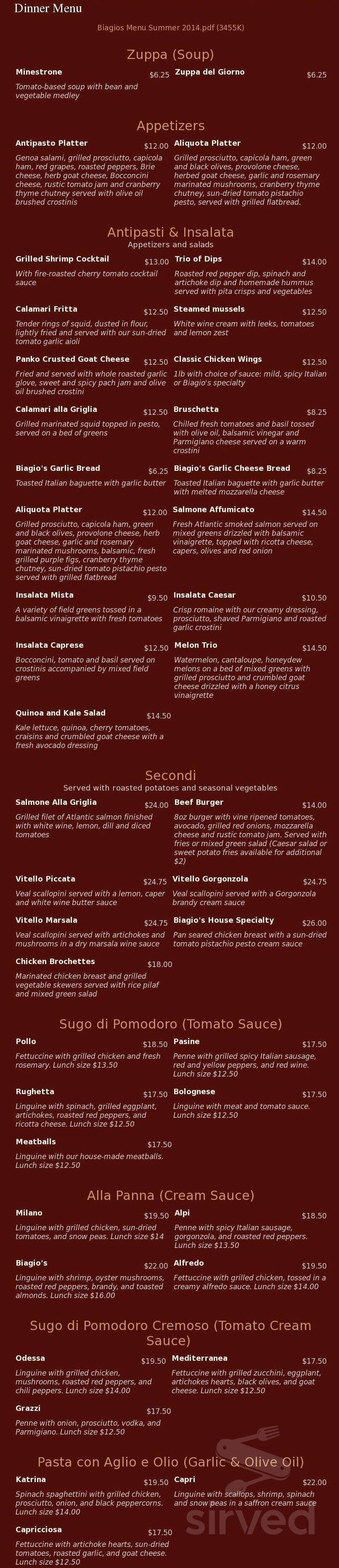 Biagio's Italian Kitchen menu in Ottawa, Ontario, Canada